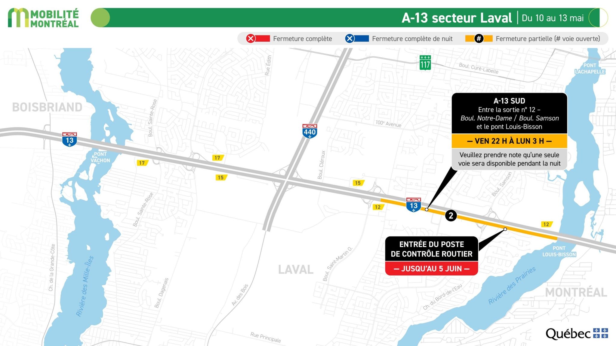 Weekend closures: Papineau-Leblanc Bridge, Highway 13 in Laval