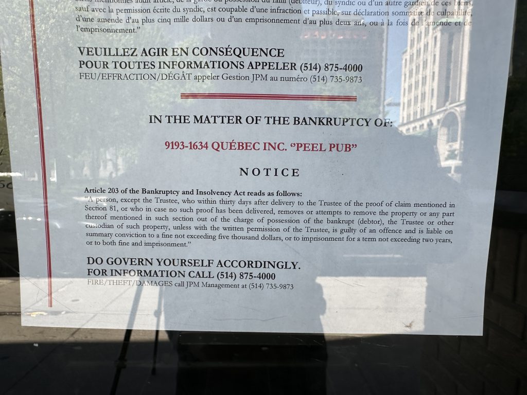 Peel Pub in downtown Montreal closed after 63 years